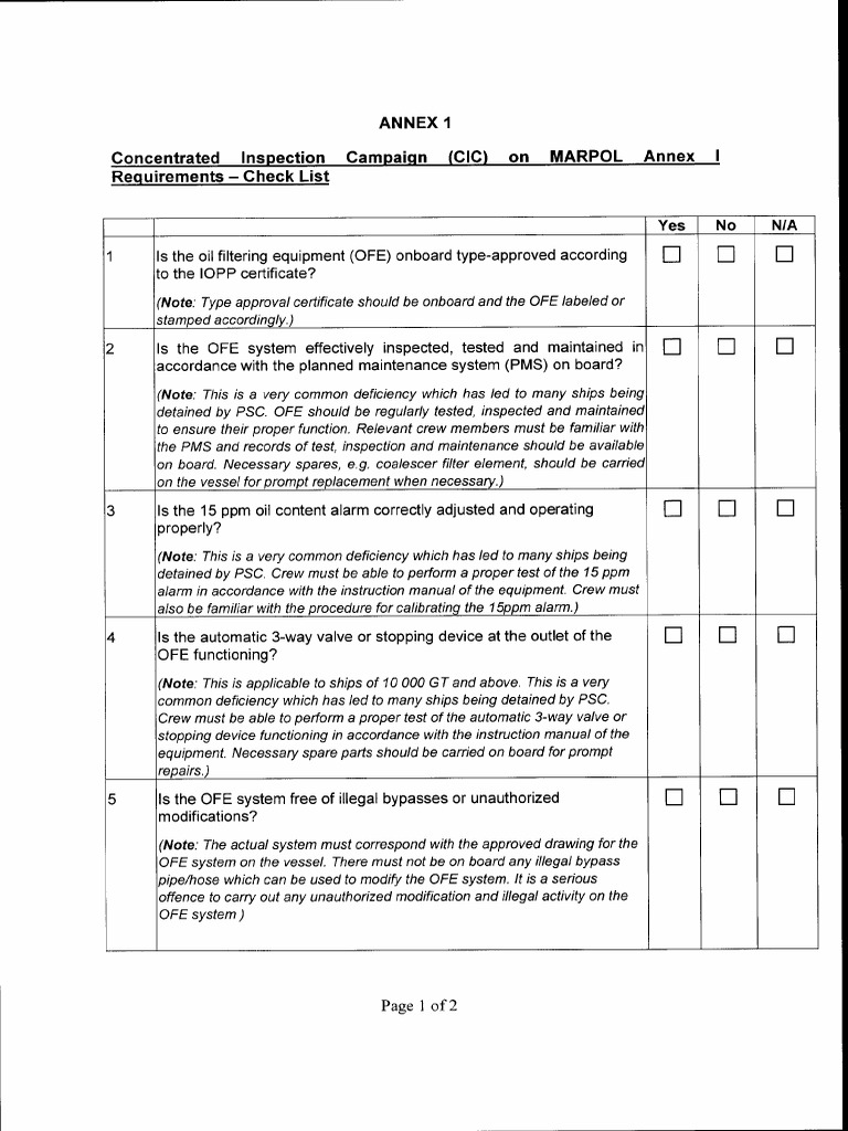 Marpol Annex 1 PSC Checklist | PDF