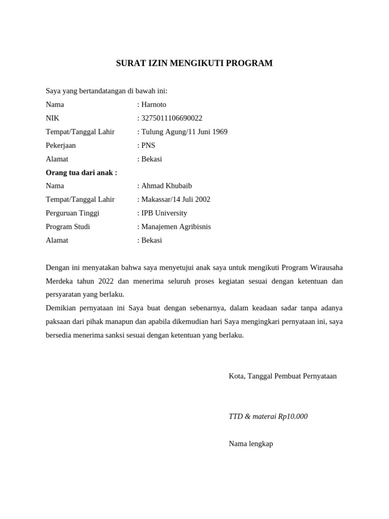 Surat Izin Program Wirausaha Merdeka | PDF