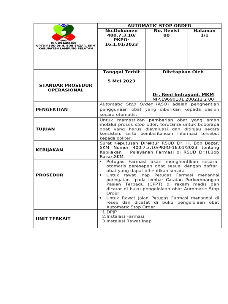 Prosedur Automatic Stop Order Obat | PDF