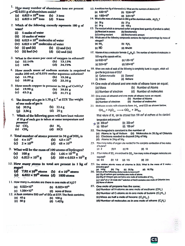 Mcqs On Mole For Mdcat | PDF
