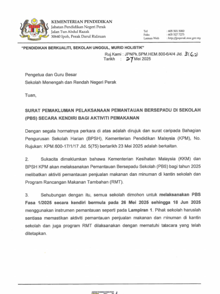 Surat Pemakluman Pelaksanaan Pemantauan Bersepadu Di Sekolah PBS | PDF