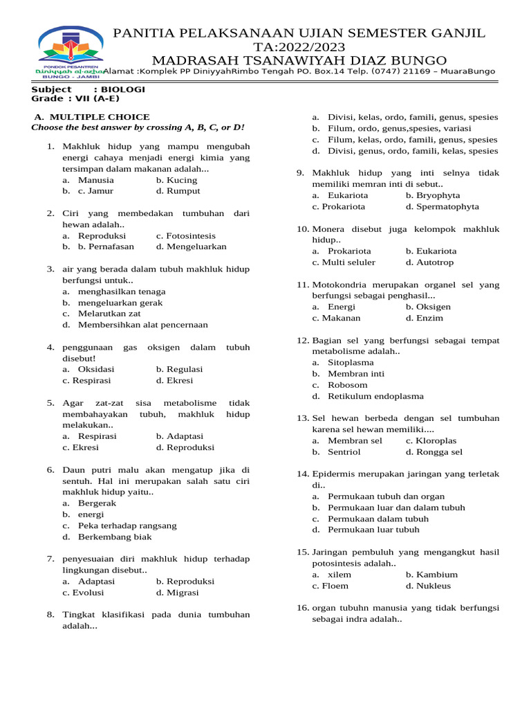 SOAL BIOLOGI Kelas 7 | PDF