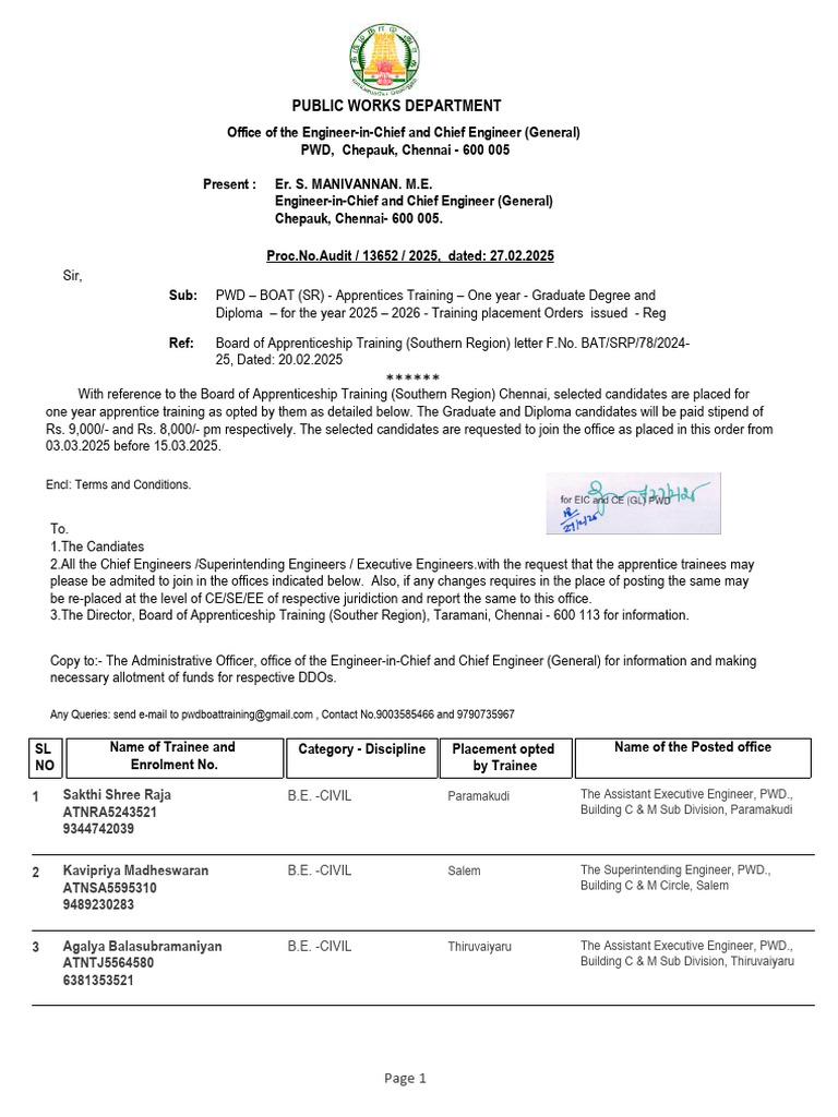 Boat PWD 2025-26 Apprentice Training Placment Order 27225 | PDF
