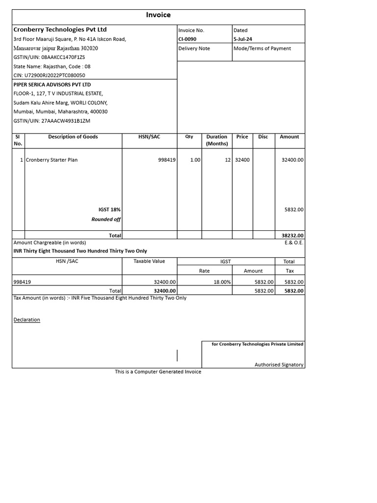 Cronberry Technologies Invoice 2024 | PDF