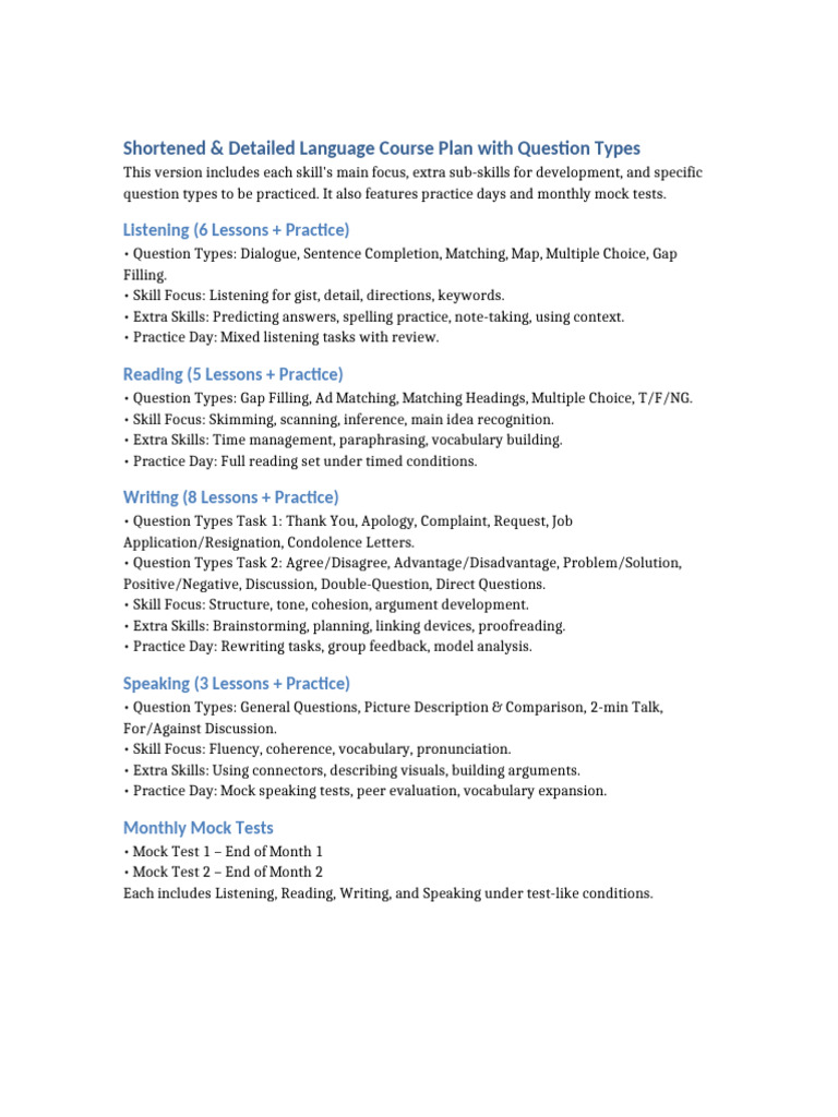 Short Detailed Course With Question Types | PDF