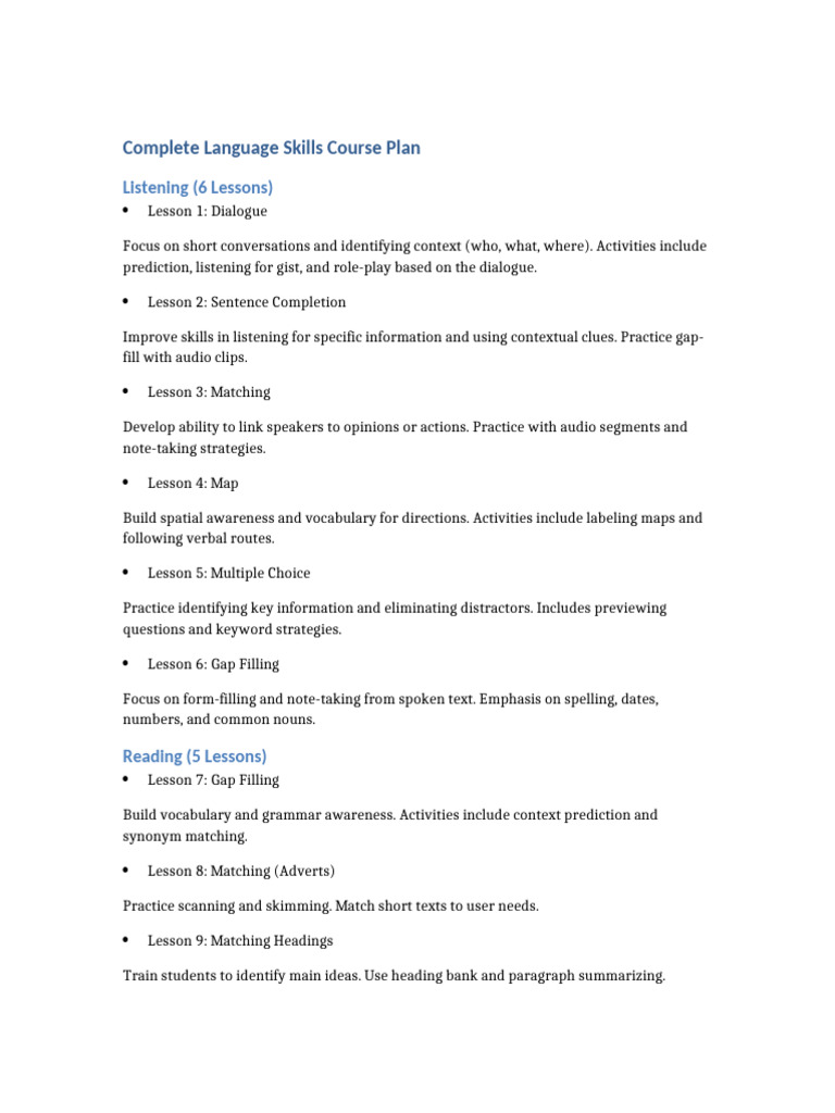 Updated Language Skills Course Plan | PDF | Essays | Reading Comprehension