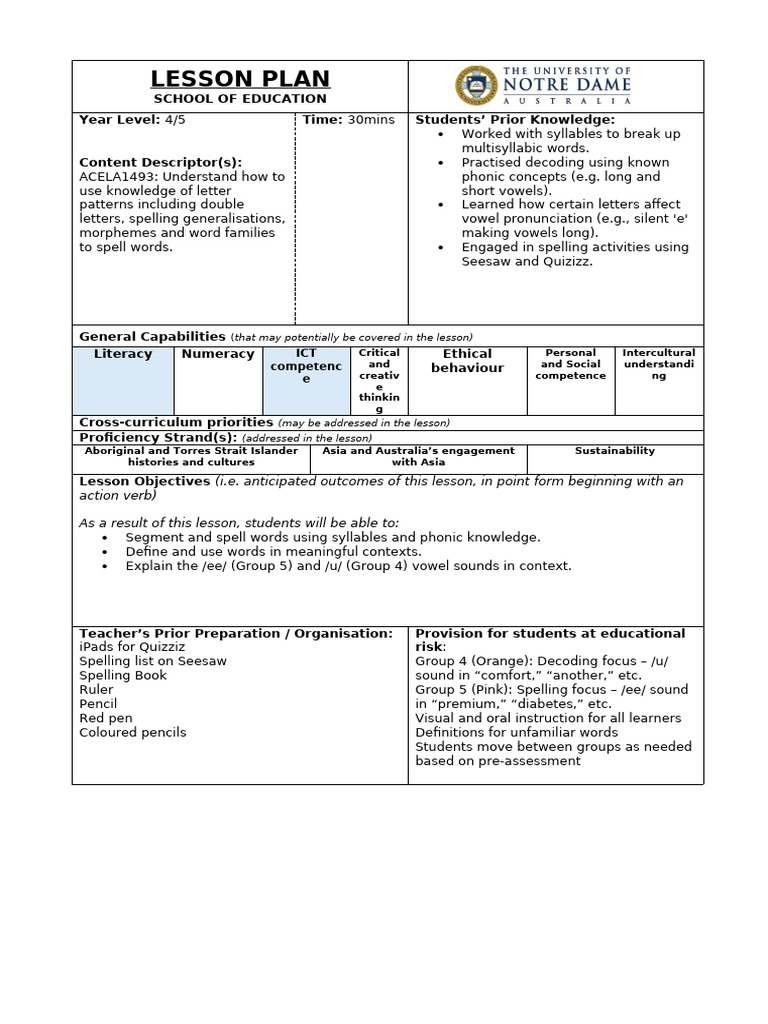 Spelling Lesson Plan 12 May | PDF | Word | Vowel