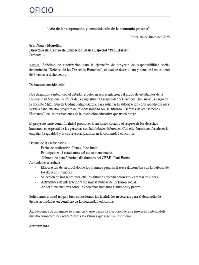 Oficio Proyecto DDHH | PDF