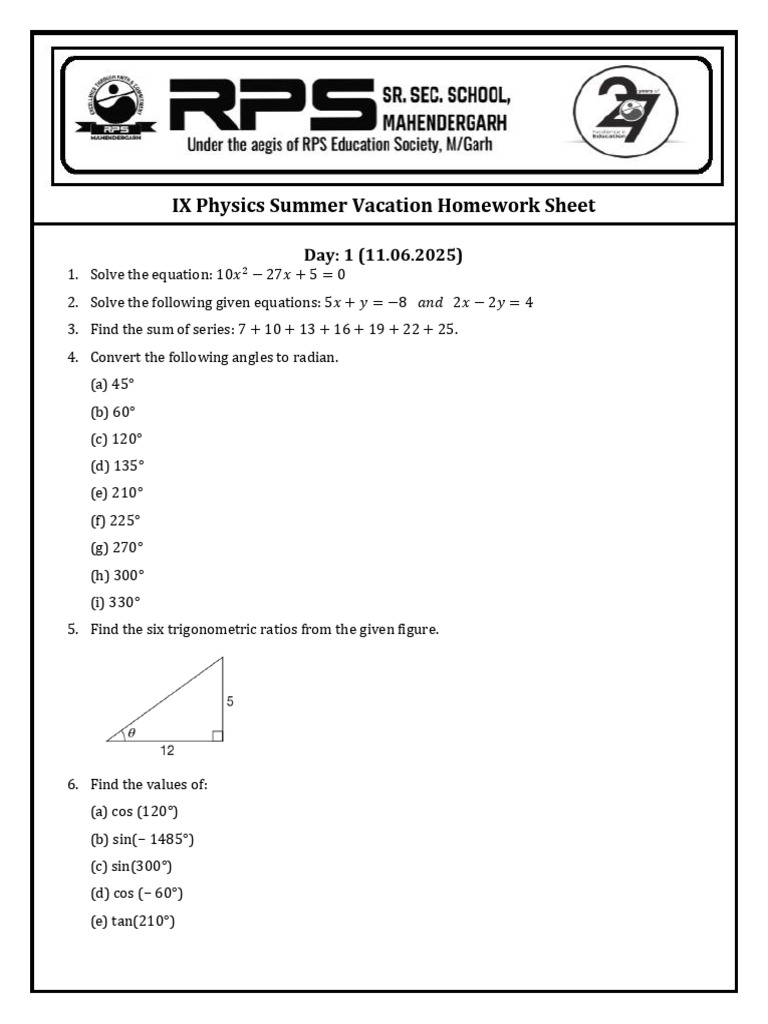 IX Physics Summer Vacation Homework Sheet | PDF | Velocity | Speed