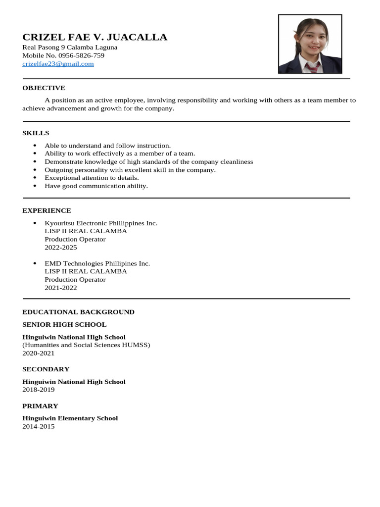 Crizel Fae v. Juacalla Resume | PDF