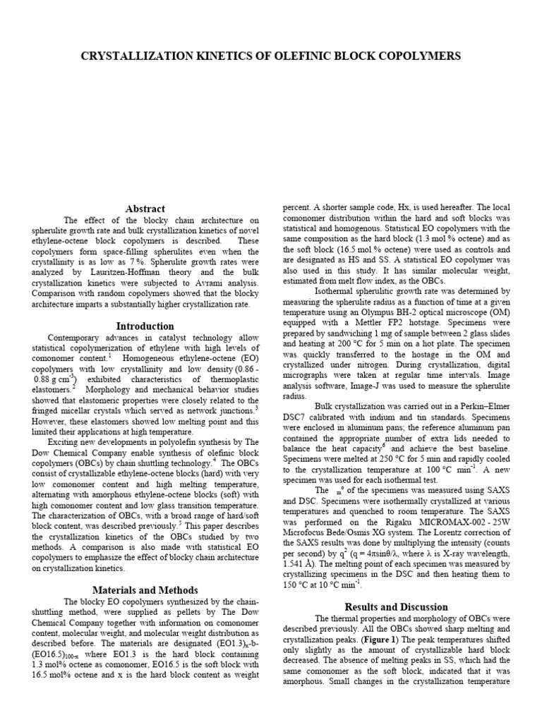 Crystallization Kinetics of Olefin Block Copolymers | PDF | Crystallization | Copolymer