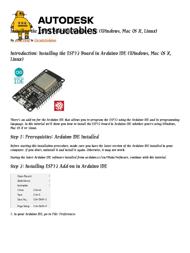 Installing The ESP32 Board in Arduino IDE (Windows, Mac OS X, Linux) - 7 Steps - Instructables | PDF