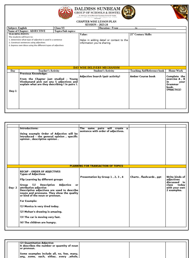 English Lesson Plan: Adjectives for Class VI | PDF | Adjective ...