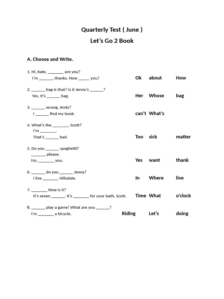 Quarterly Test Let's Go 2 | PDF