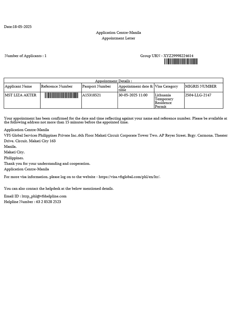 Appointment Letter For Vfs Global | PDF