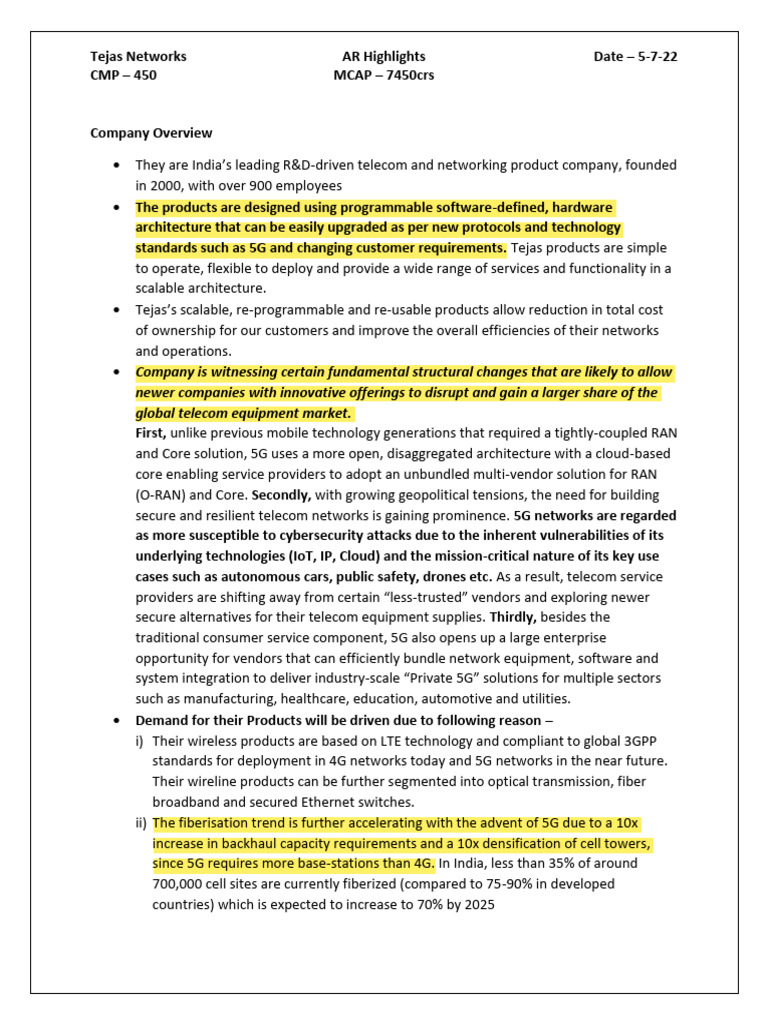Tejas Networks - AR FY21-22 - Highlights | PDF | Computer Networking | Digital Technology