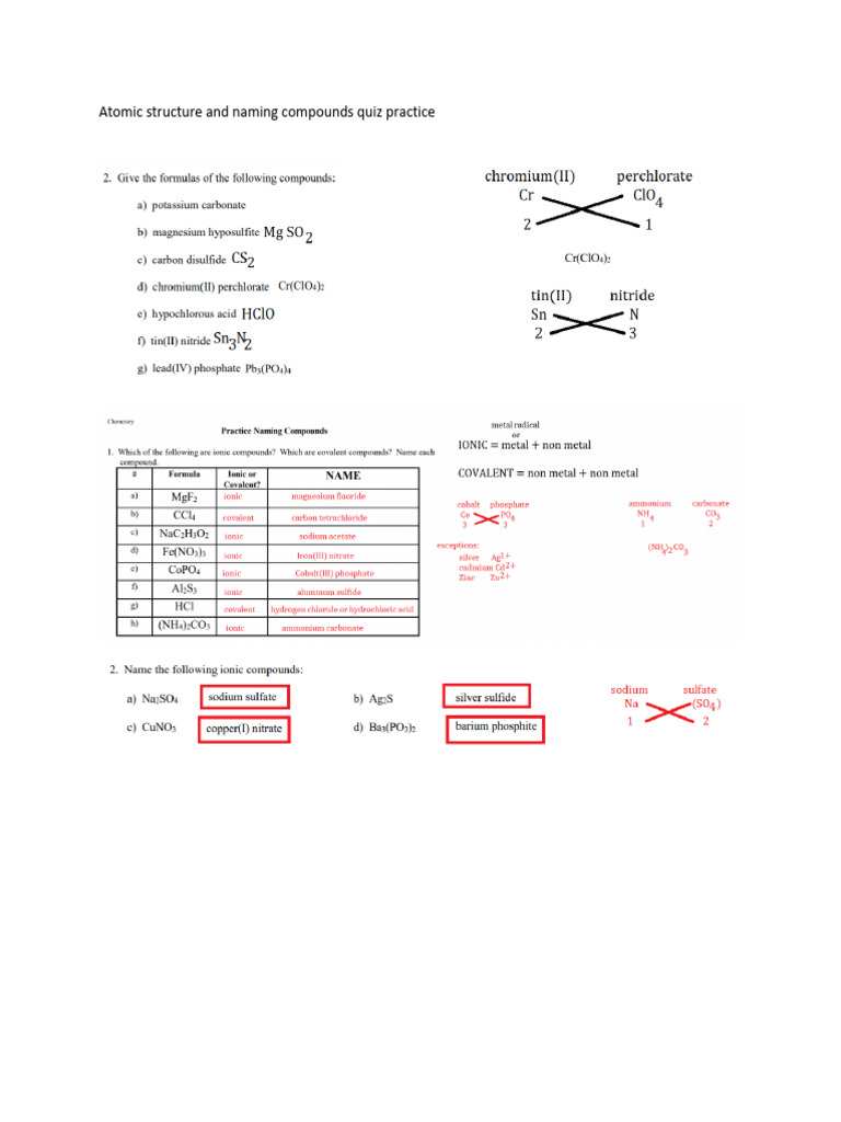 Atomic Structure and Naming Compounds Quiz Practice - Answers | PDF