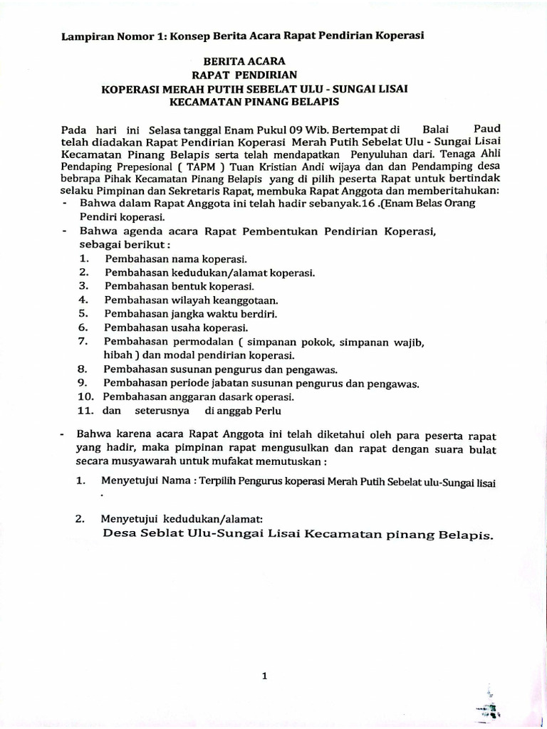 (Berita Acara Musyawarah Pendirian Kopdes | PDF