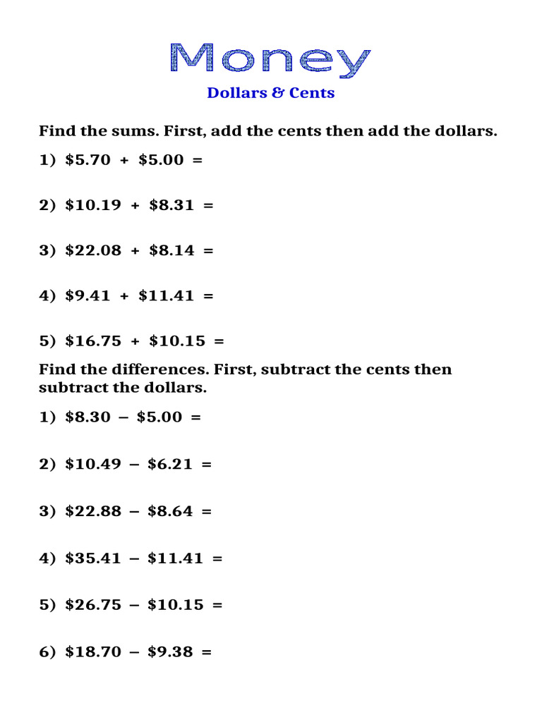 Dollar Addition and Subtraction Exercises | PDF