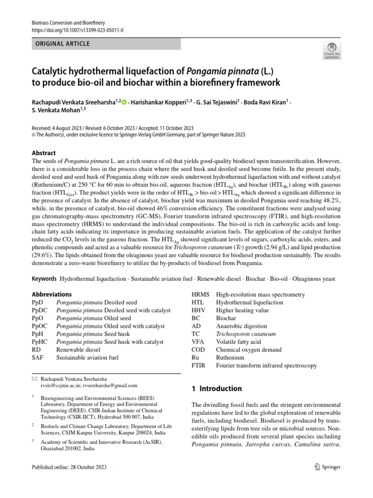 Catalytic Hydrothermal Liquefaction of Pongamia Pinnata (L.) | PDF ...