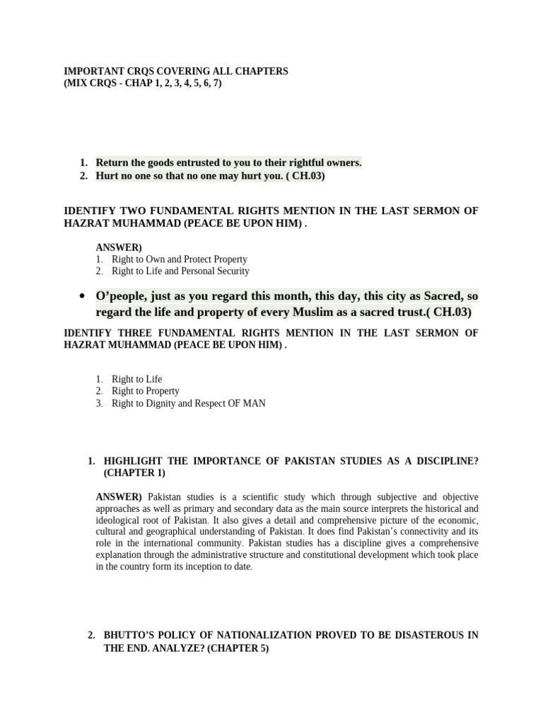 Important Crqs Covering All Chapters-1 | PDF | Pakistan | Caliphate