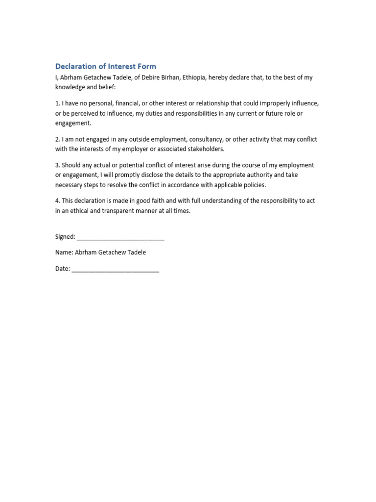 Conflict of Interest Declaration Form | PDF