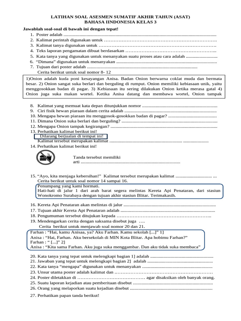 Latihan Soal Asat Bhs Indonesia Kelas 3 Tahun 2024-2025 | PDF