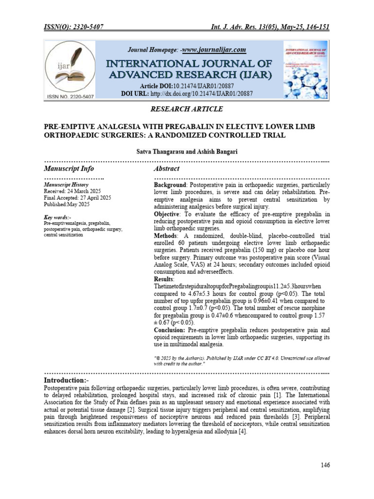 Pre-Emptive Analgesia With Pregabalin in Elective Lower Limb ...