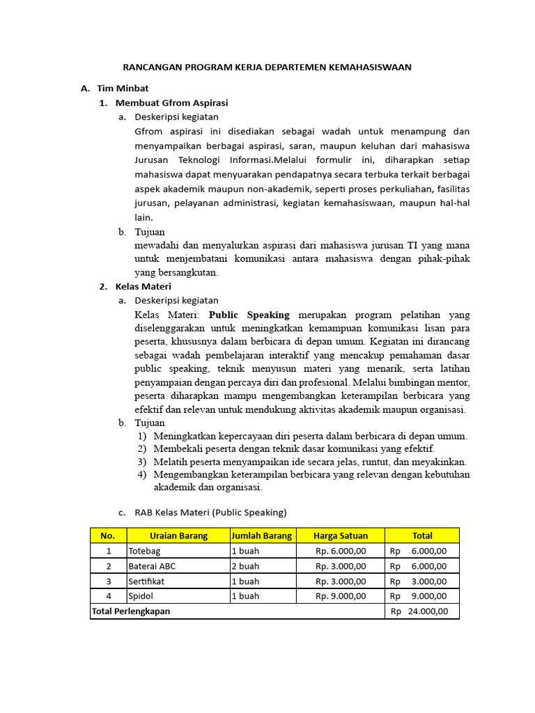 Rancangan Program Kerja Departemen Kemahasiswaan-1 | PDF