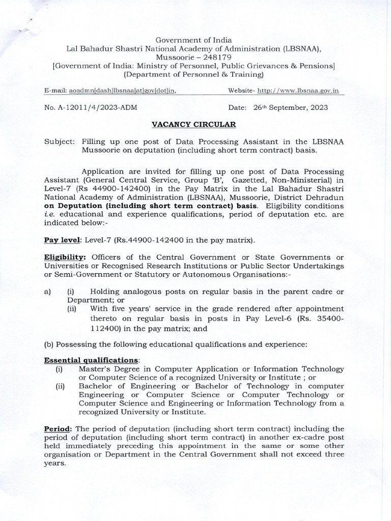 F 63 FF 55 Vacancy Circularforthepostof Data Processing Assistant 00011 | PDF