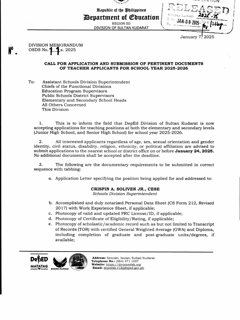 Division Memorandum Osds No. 11 s. 2025-2-1 | PDF