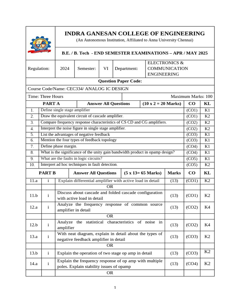 QP Format Cec 334-Analog Ic Design Set1 | PDF | Amplifier | Operational Amplifier