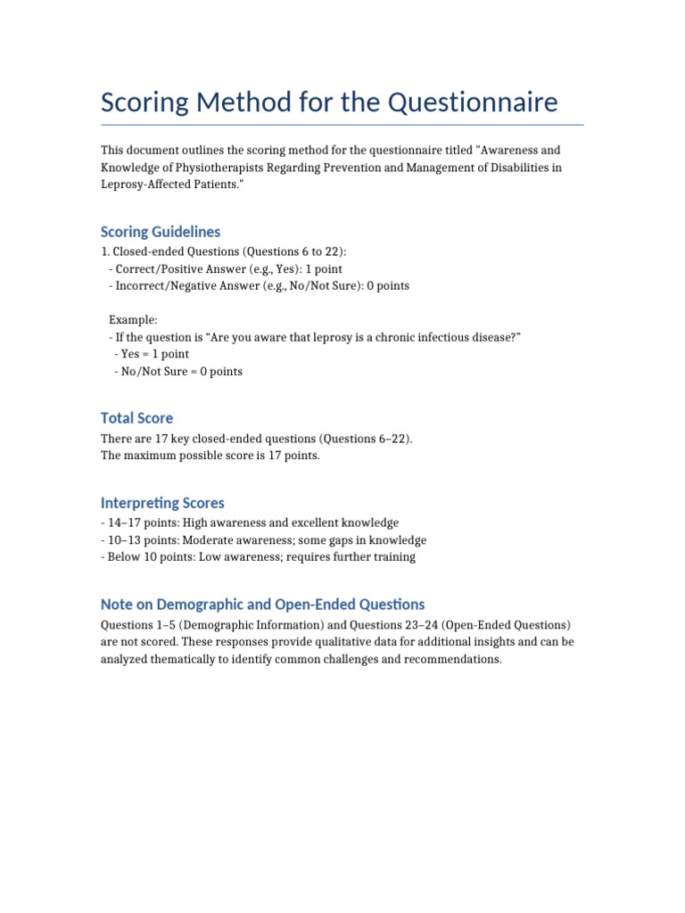 Scoring Method for Leprosy Awareness Questionnaire | PDF