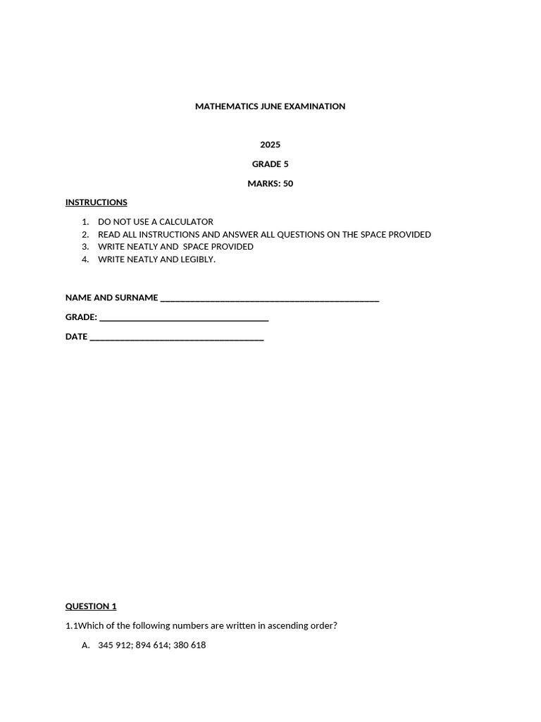 Grade 5 Mathematics June Exam 2025 | PDF | Mathematics