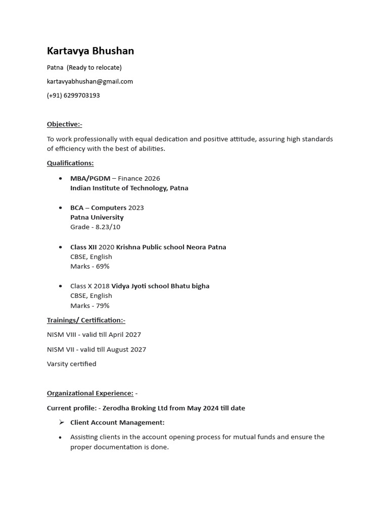 Kartavya Bhushan Resume (1) - 3 | PDF | Mutual Funds | Stock Market