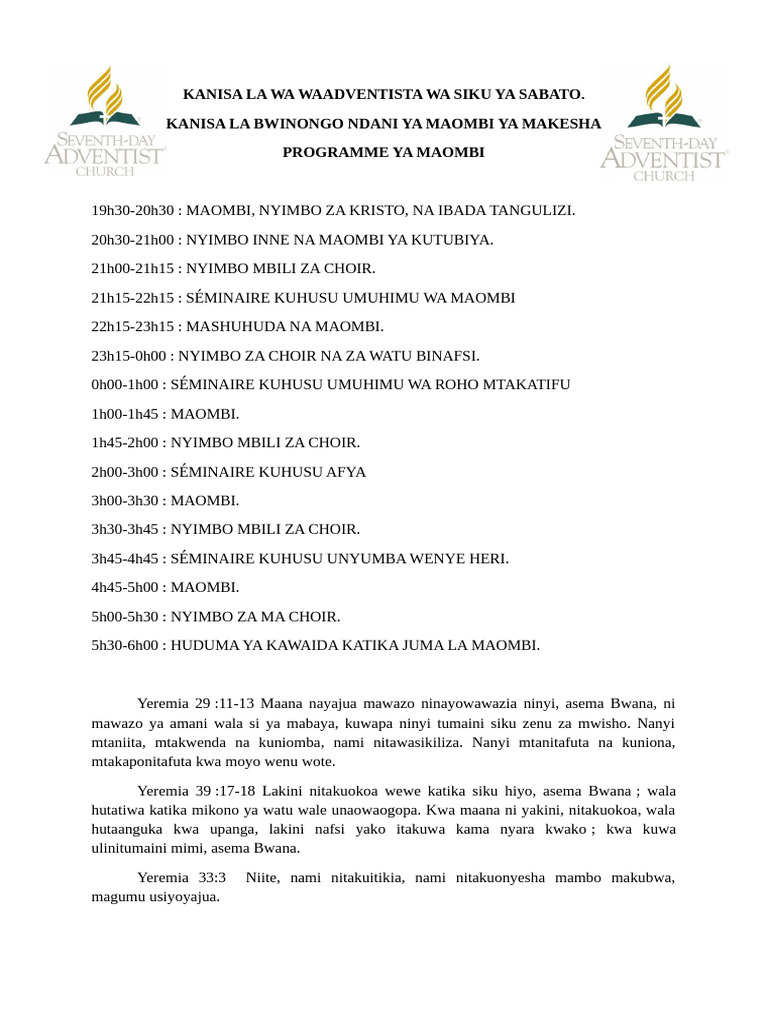 Programme Ya Maombi Ya Makesha | PDF