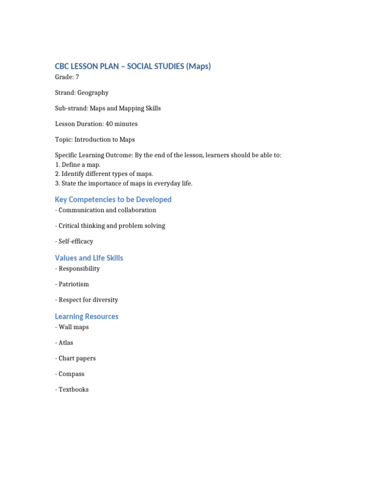 CBC Lesson Plan Social Studies Grade 7 Maps | PDF