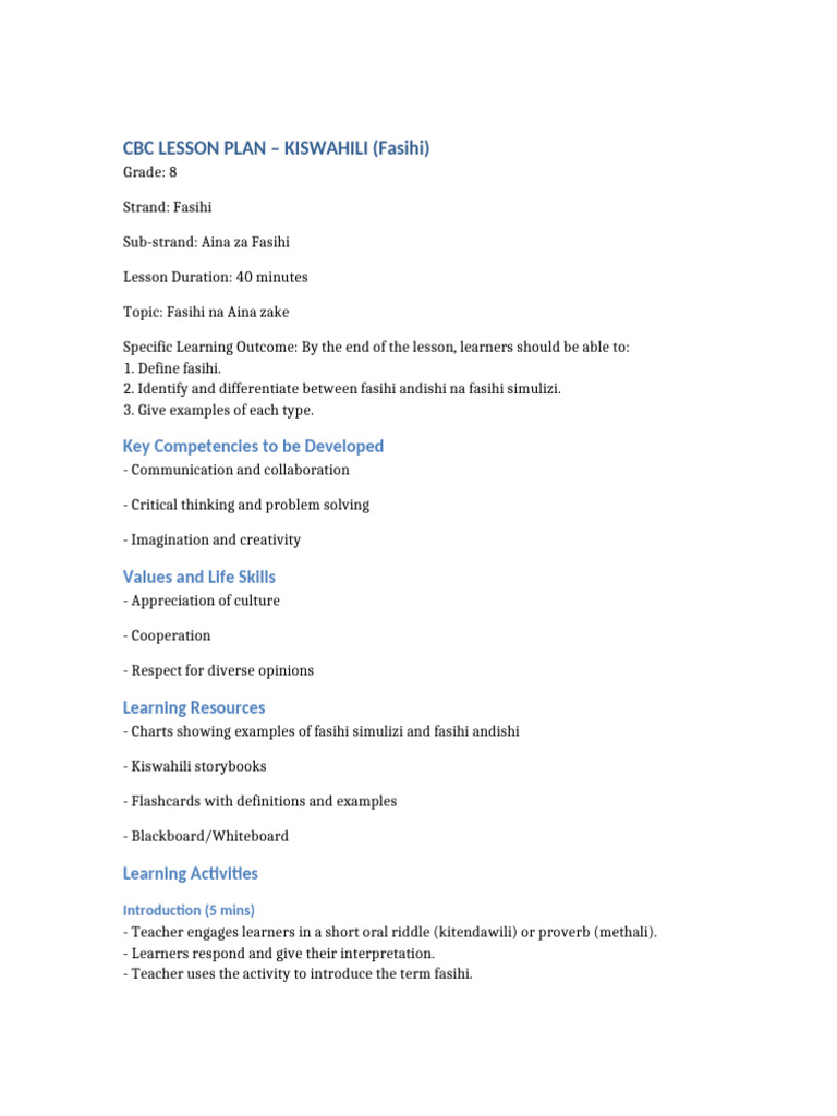 Grade 8 Kiswahili CBC Lesson Plan | PDF