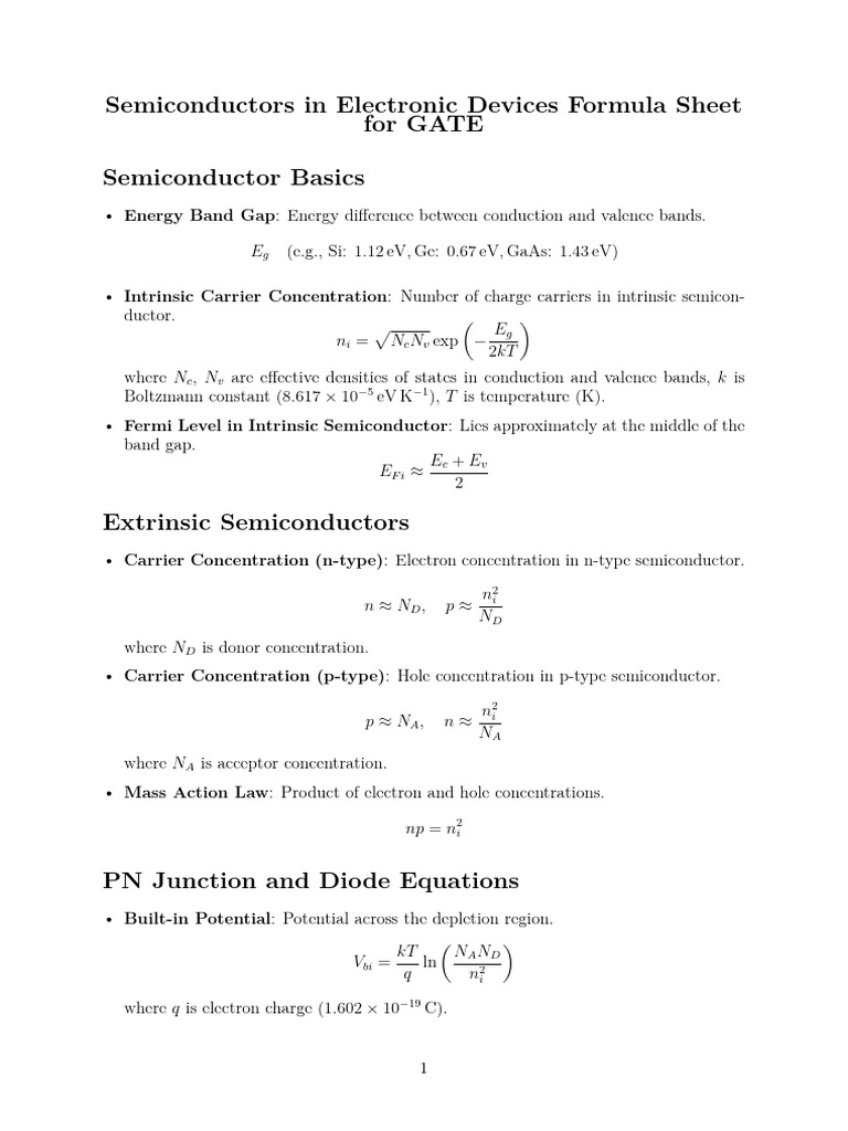 Semiconductor Formula Sheet for GATE | PDF | Semiconductors | P–N Junction
