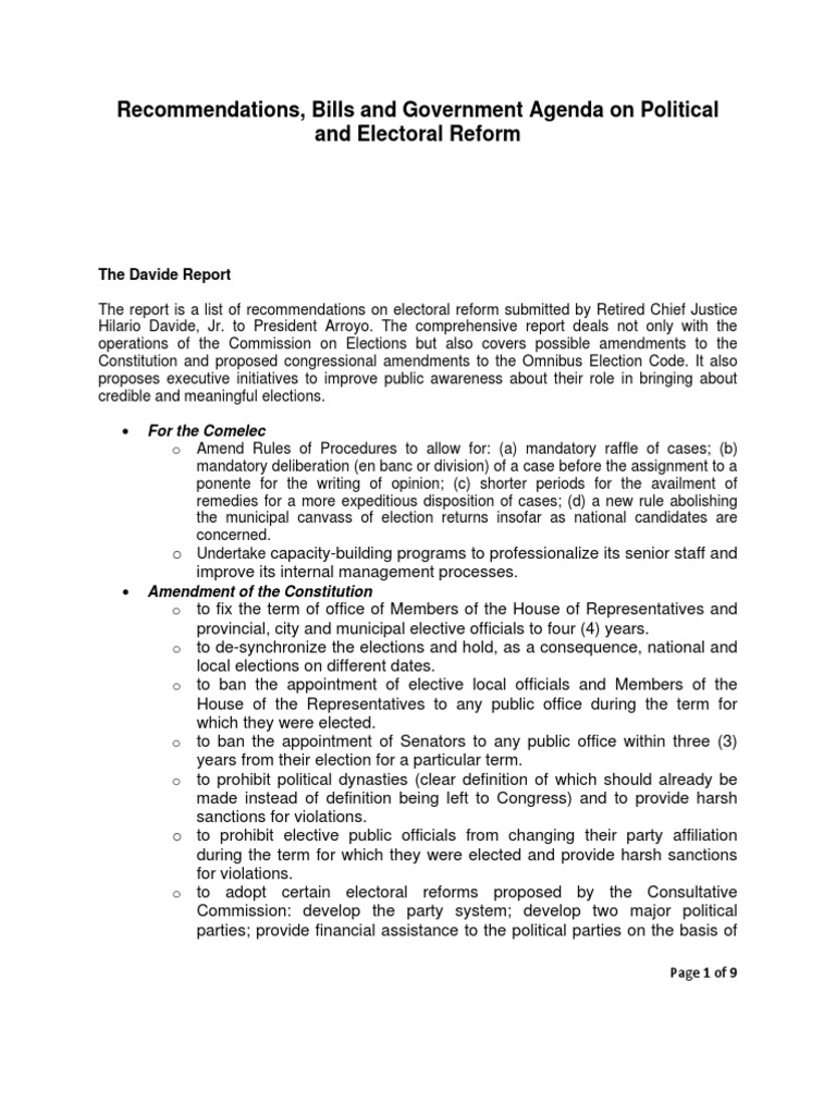 Recommendations, Bills and Government Agenda On Political and Elect ...