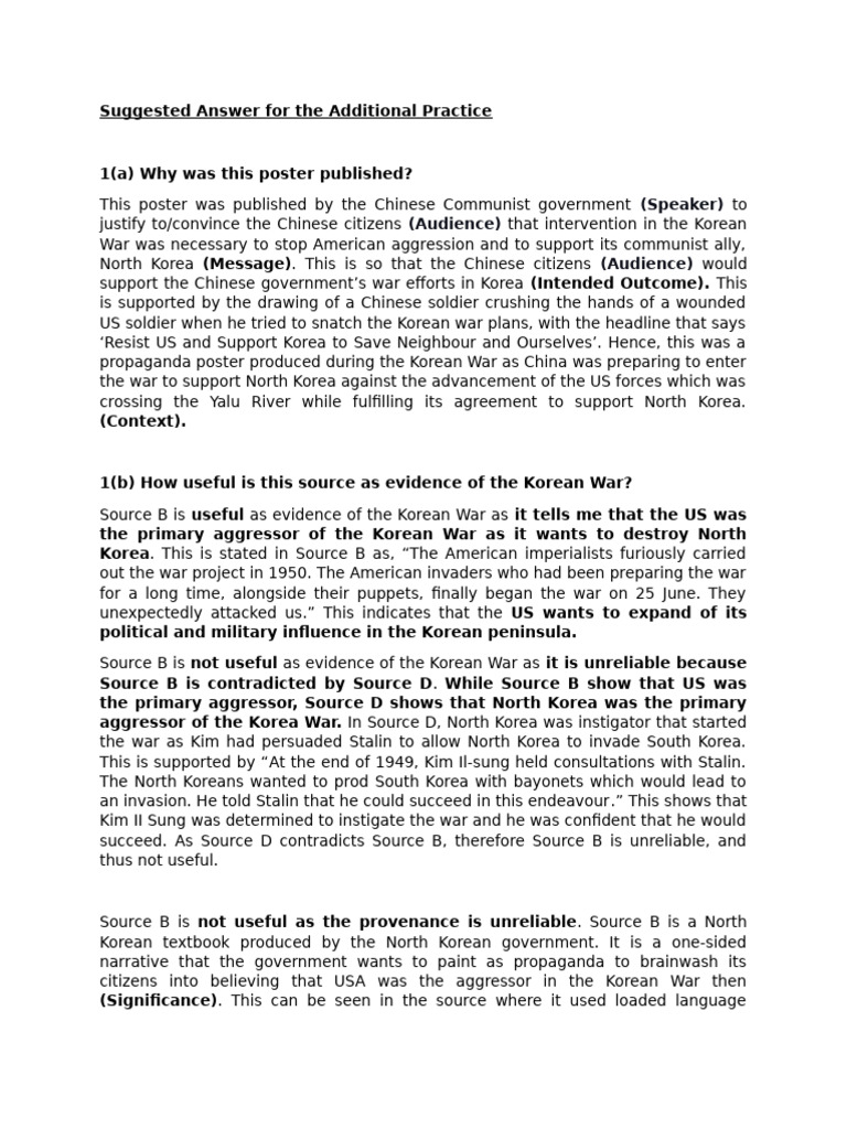 Additional Practice (Korean War) - Suggested Answer | PDF | Korean War ...