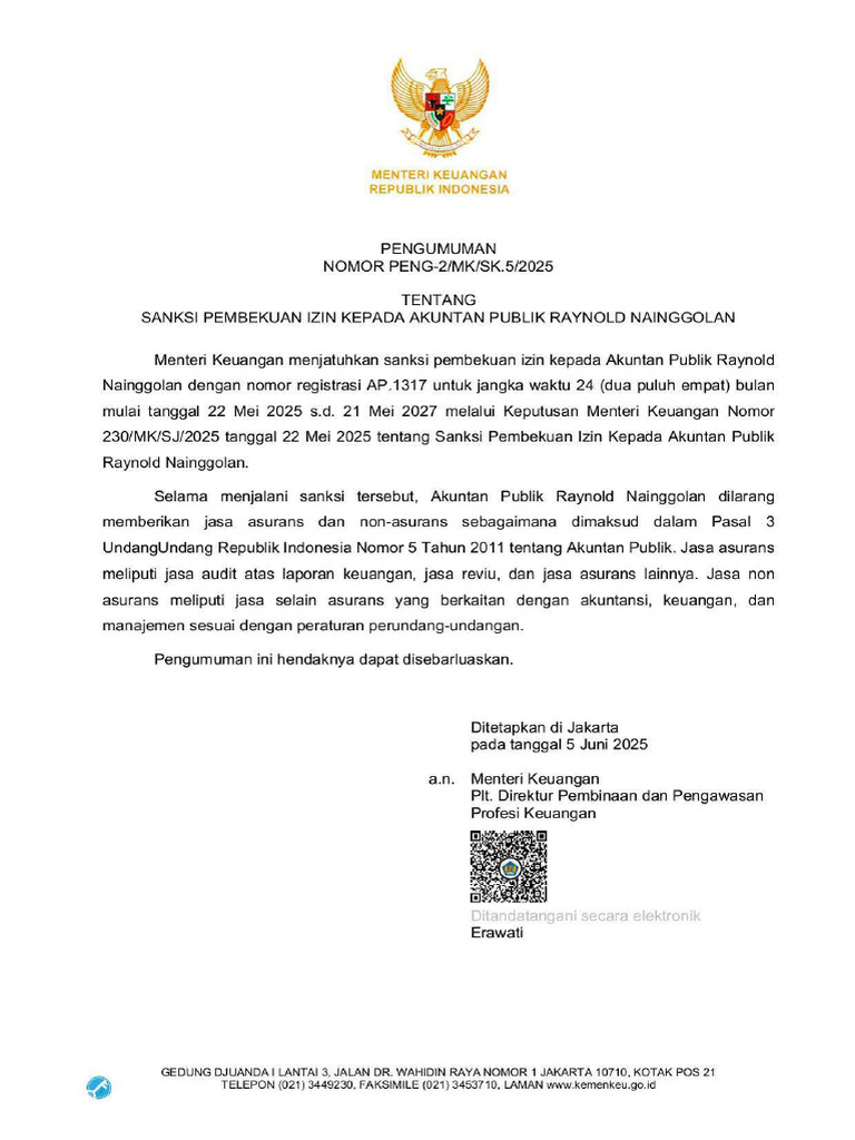 Sanksi Pembekuan Izin Raynold Nainggolan | PDF