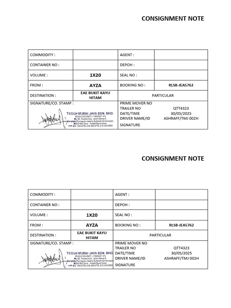 Consignment Note Kontena | PDF