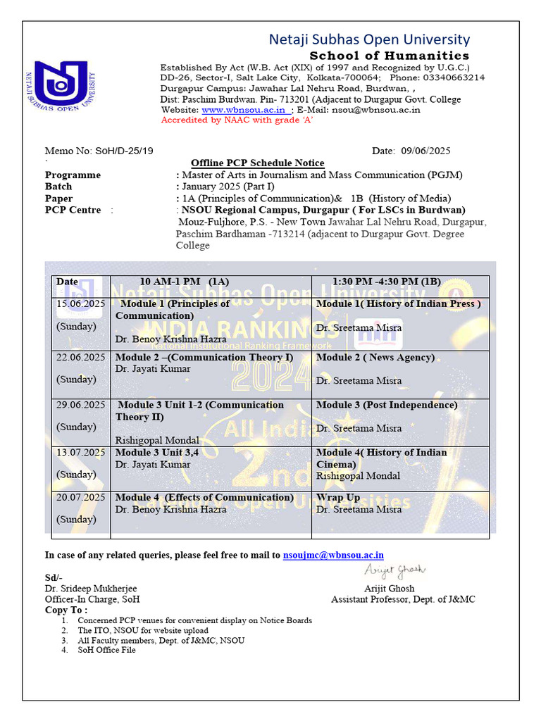 PCP Schedule PGJM January 2025 Batch Paper 1A and 1B Part I DurgapurRC ...