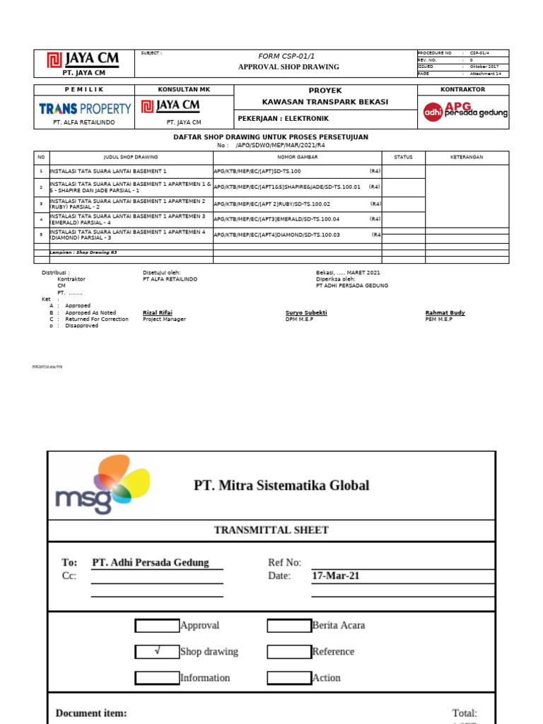 Pengajuan Shop Drawing & Transmittal | PDF