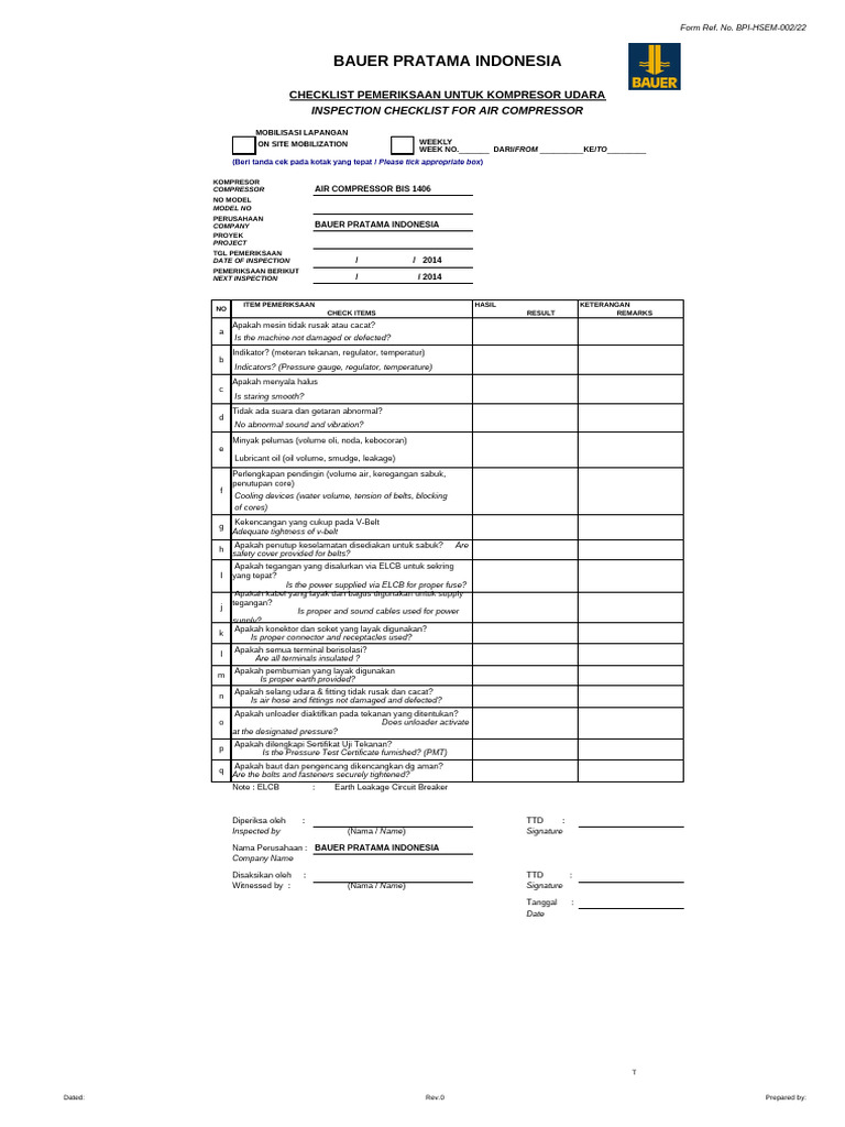 BPI-HSEM-002 - 22 - Inspection Checklist For Gas Compressor | PDF
