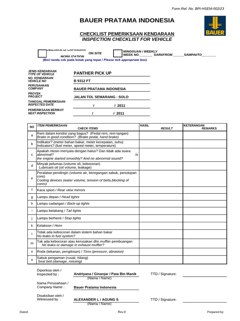 BPI-HSEM-002 - 23 - Inspection Checklist Vehicle | PDF | Car | Transportation Engineering