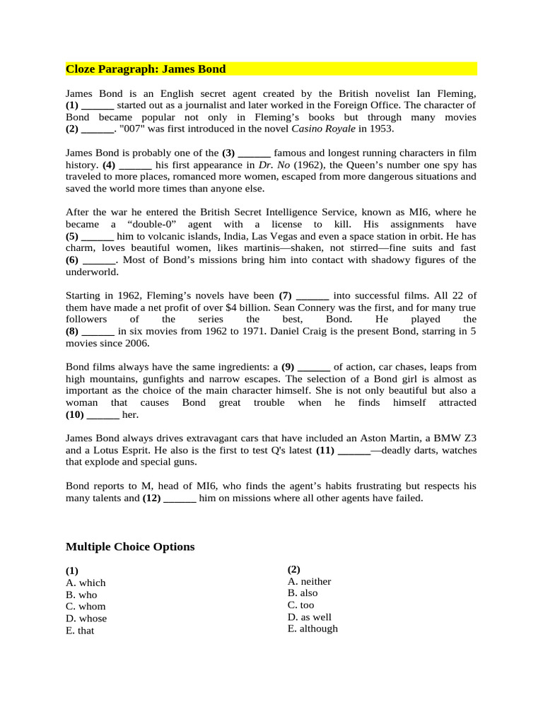 Cloze Questions Excercise | PDF | James Bond | Baseball Field