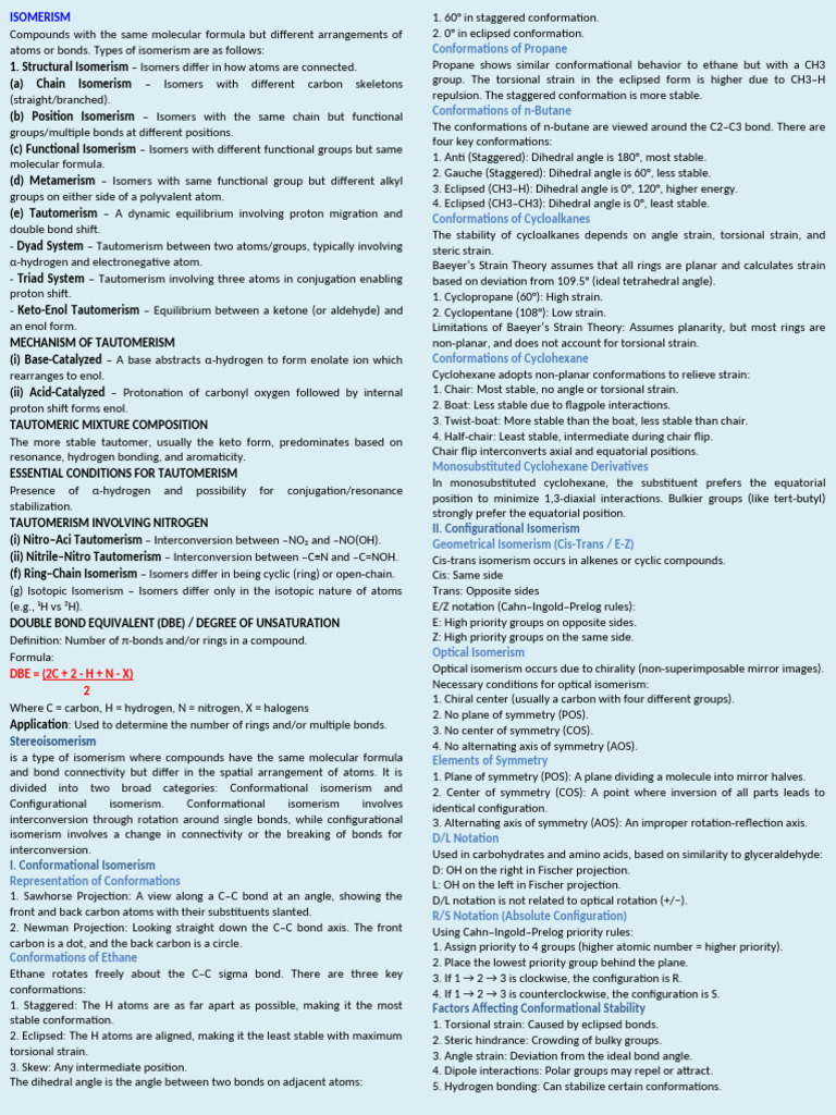 Isomerism JEE Compact Notes | PDF | Conformational Isomerism | Isomer