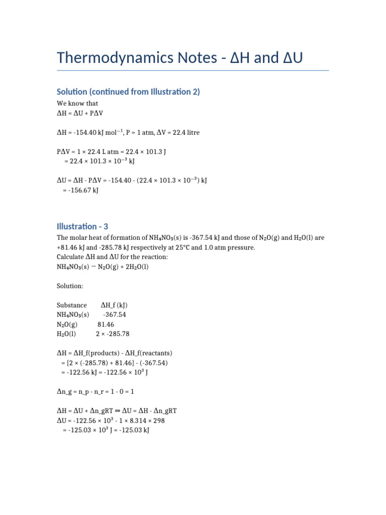 Thermodynamics DeltaH and DeltaU | PDF